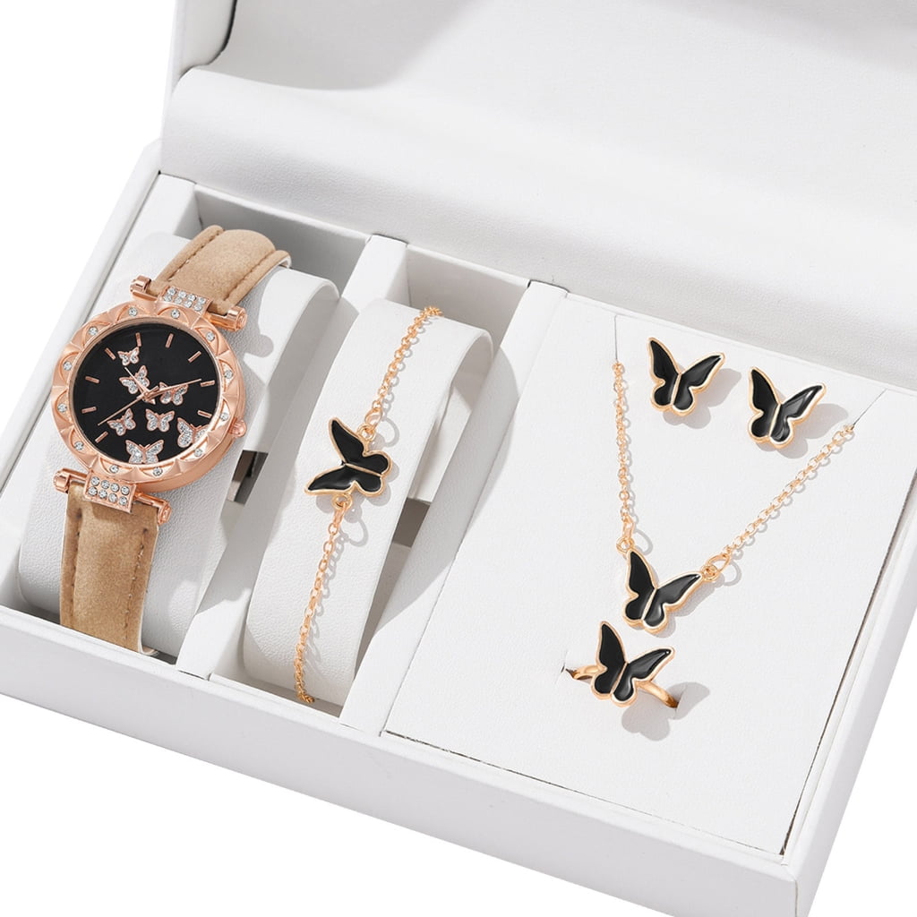 Elegant Butterfly Jewelry Set Women Watch Crystal Watches Fashion Rings ...