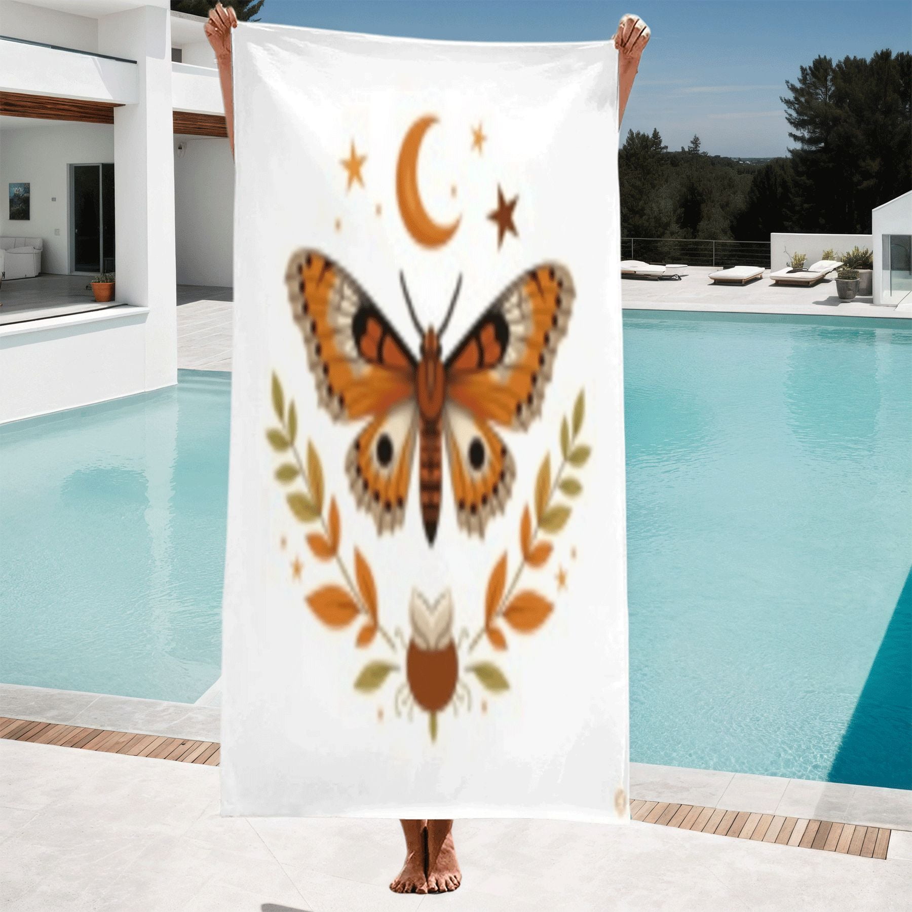 Elegant Butterfly & Moon Design Beach Towel - Warm Orange & Brown ...