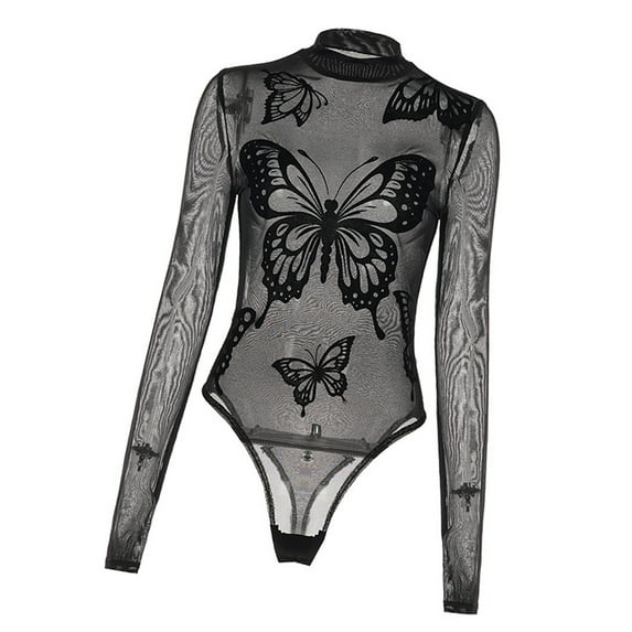 Elegant Butterfly Print Sheer Mesh Long Sleeve Bodysuit For Women ...