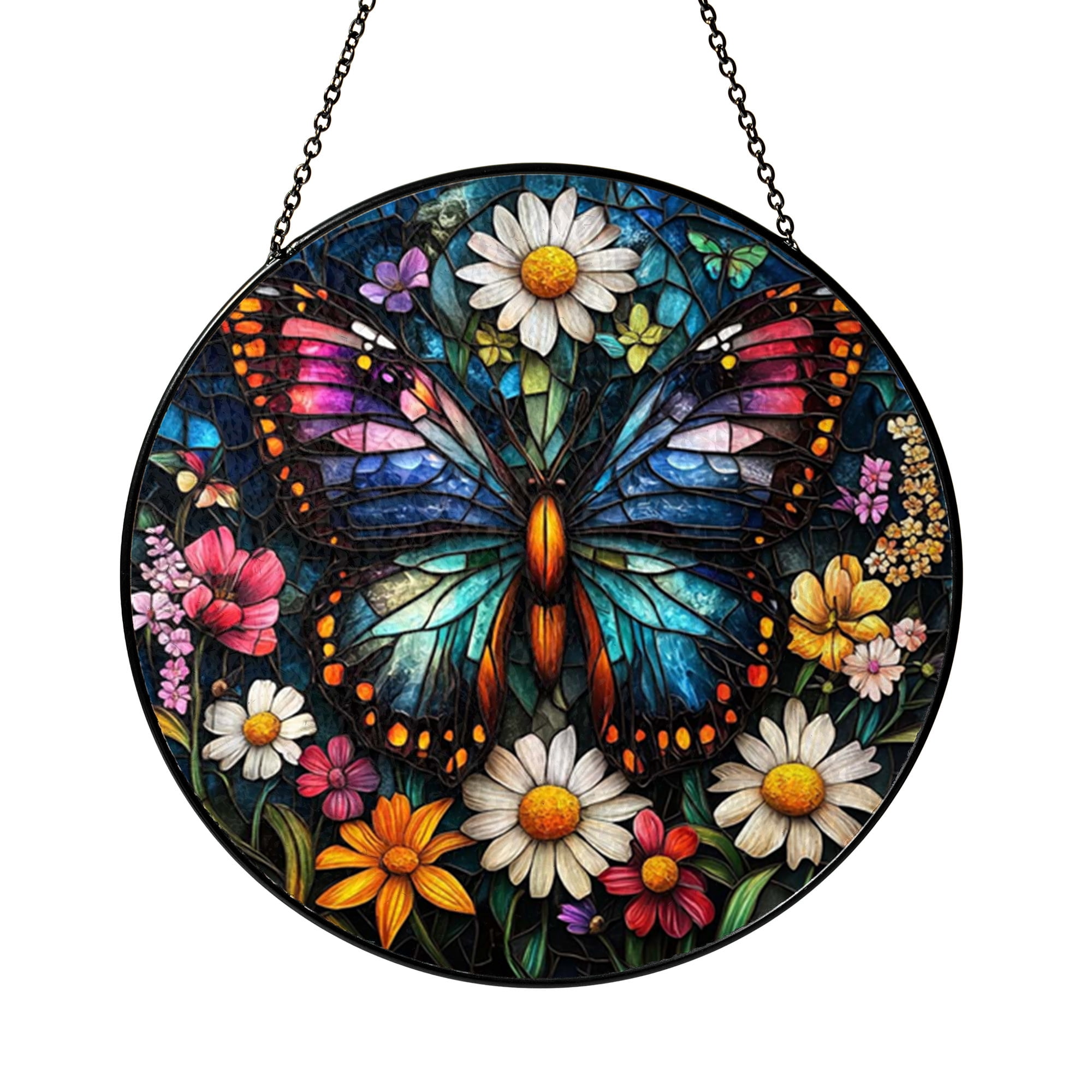 Elegant Butterfly with Flowers Stained Glass Style Window Hanging Decor ...