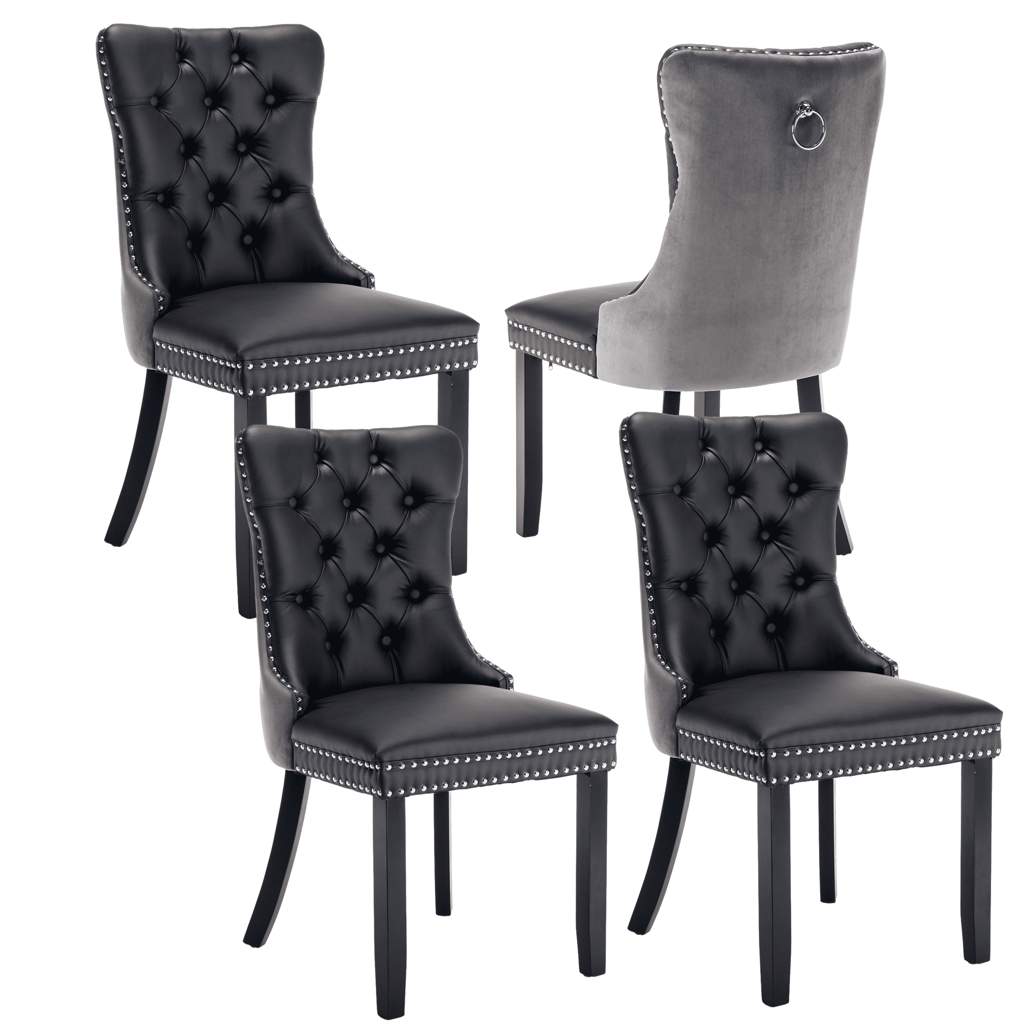 Elegant Button Tufted Dining Chairs, PU & Velvet, Nailhead Back, Ring ...