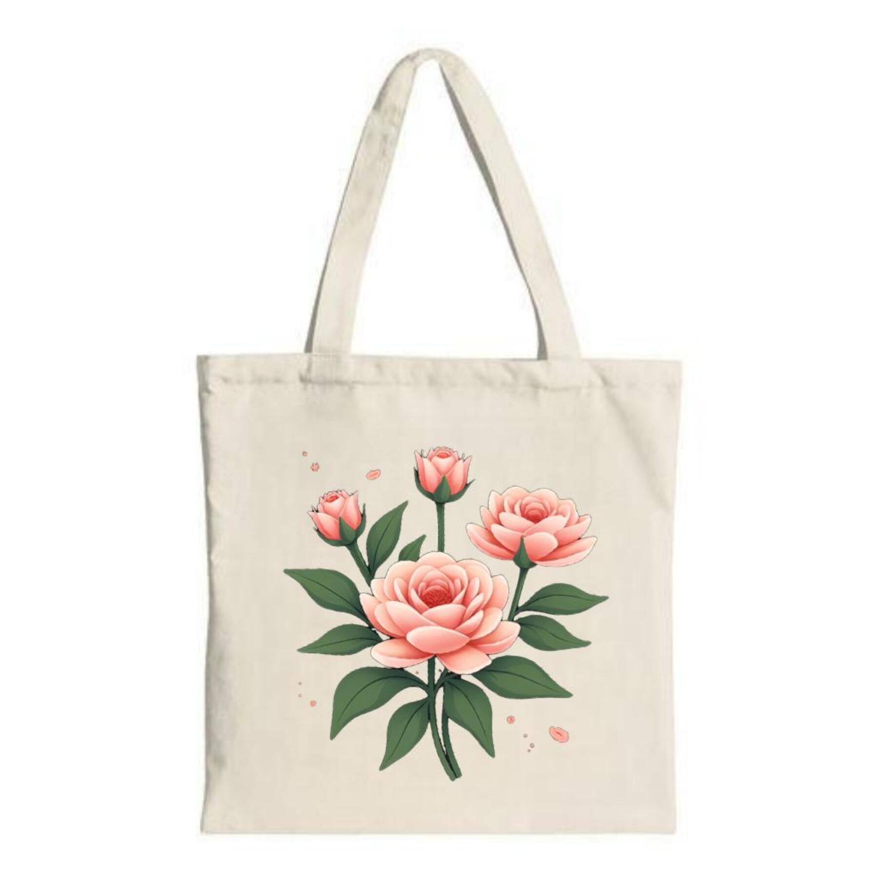 Elegant Canvas Tote Bag with Three Pink Roses on Light Beige Surrounded ...