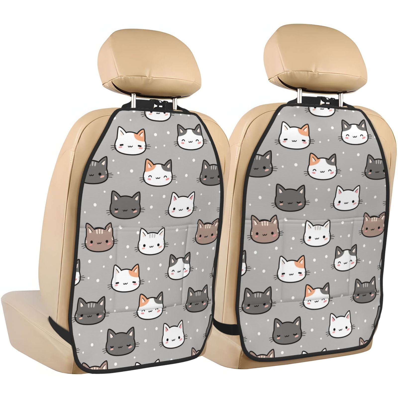 Elegant Cartoon Cute Cat Face Backseat Car Organizer, 2 Pack Kick Mats ...