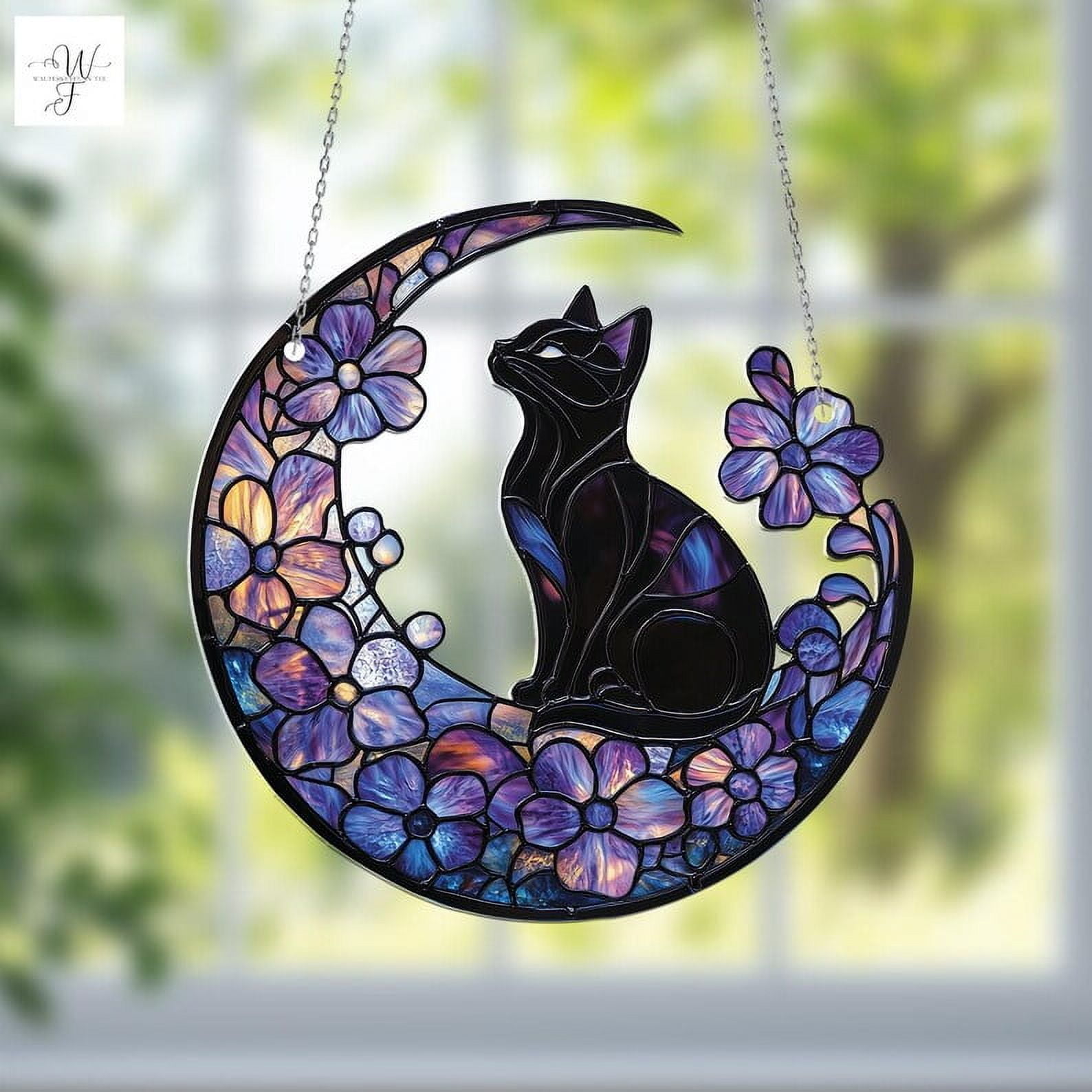 Elegant Cat Acrylic Window Hanging with Moon and Flowers, Beautiful ...
