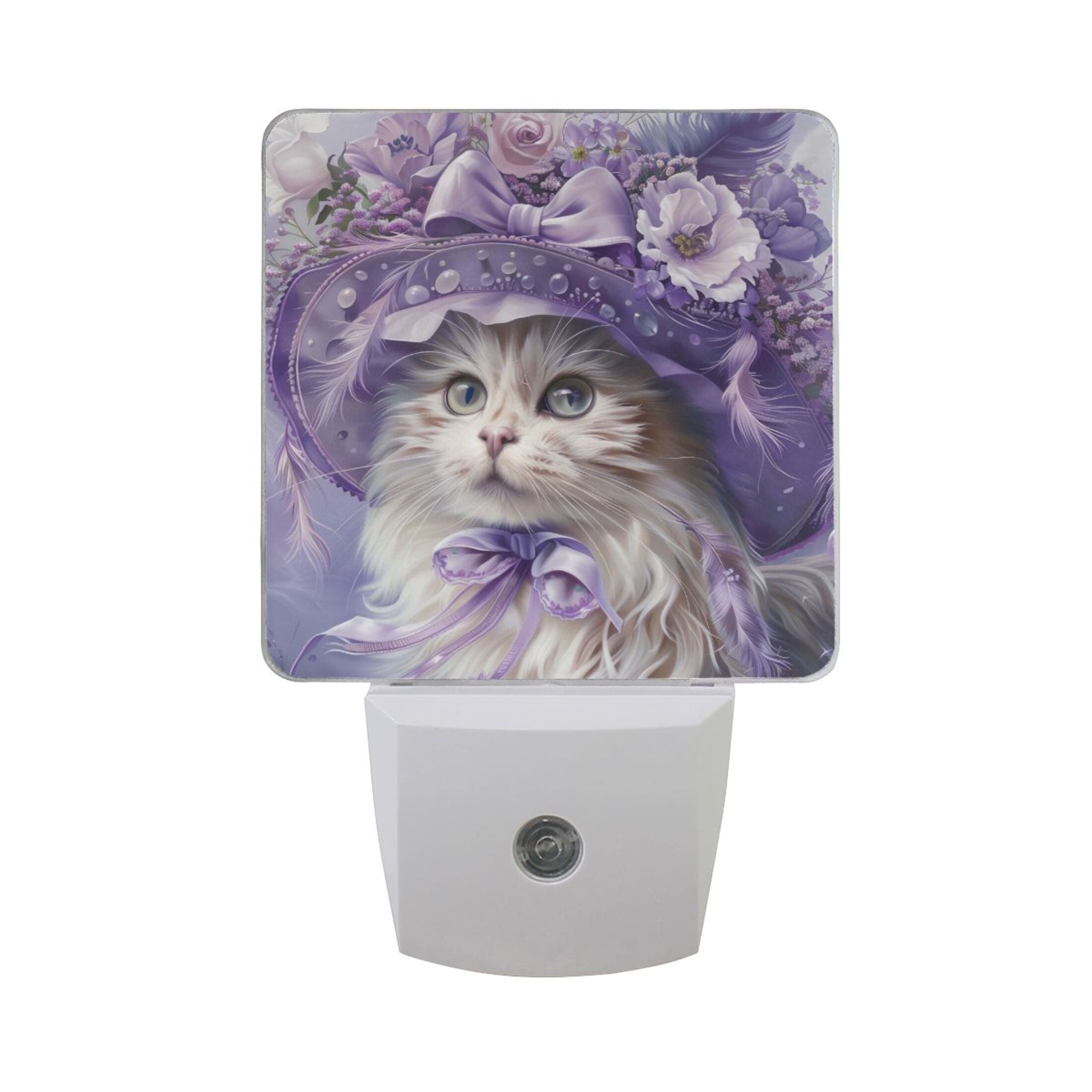 Elegant Cat with Lilac Flowers Hat Night Light 2 Pack LED Nightlight ...