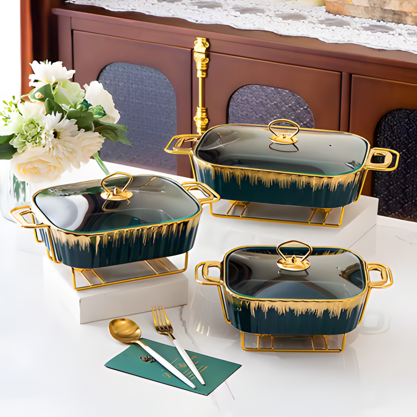 Elegant Ceramic Chafing Dish Set with Green with Gold Accents – 3-Piece ...