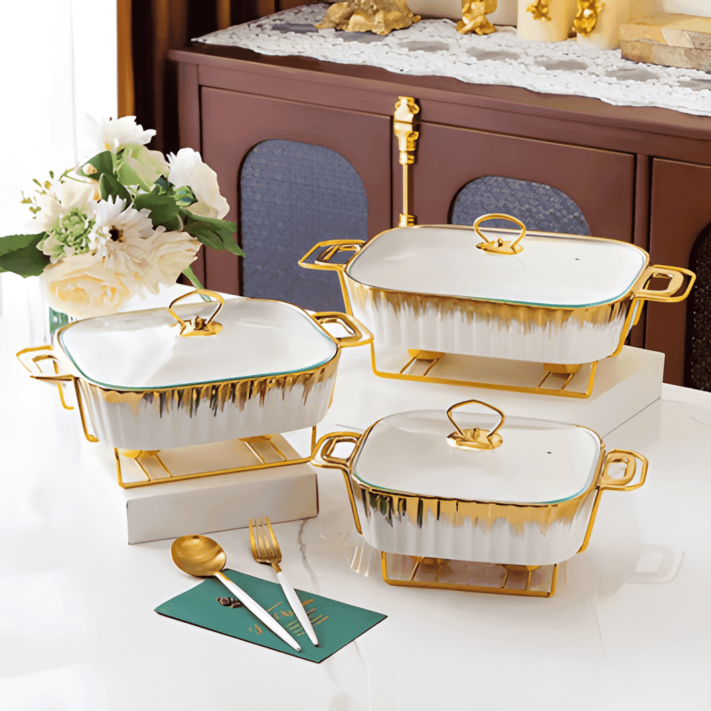 Elegant Ceramic Chafing Dish Set with Gold Accents – 9-Piece Food ...