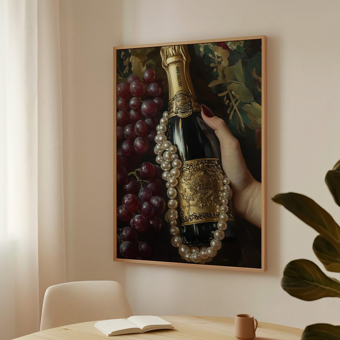 Elegant Champagne Bottle Still Life - Grapes, Pearls, And Luxury Wall ...