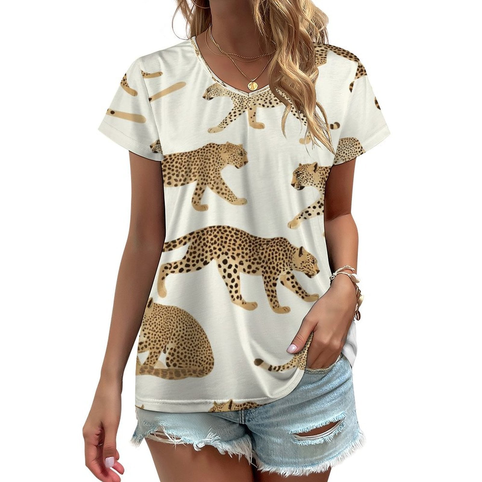 Elegant Cheetahs Seamless Pattern Women's Blouse Short Sleeve Women's ...