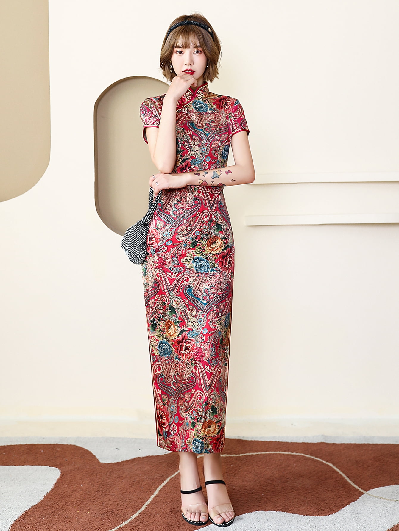 Elegant Cheongsam Long Dress Slim Slik Qipao Vintage Chinese ...