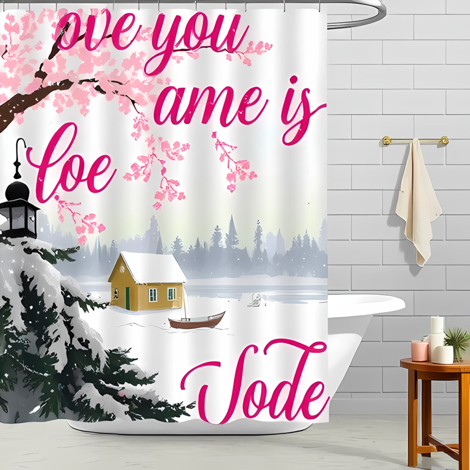 Elegant Cherry Blossom Shower Curtain with Cursive 'Love You' Design ...