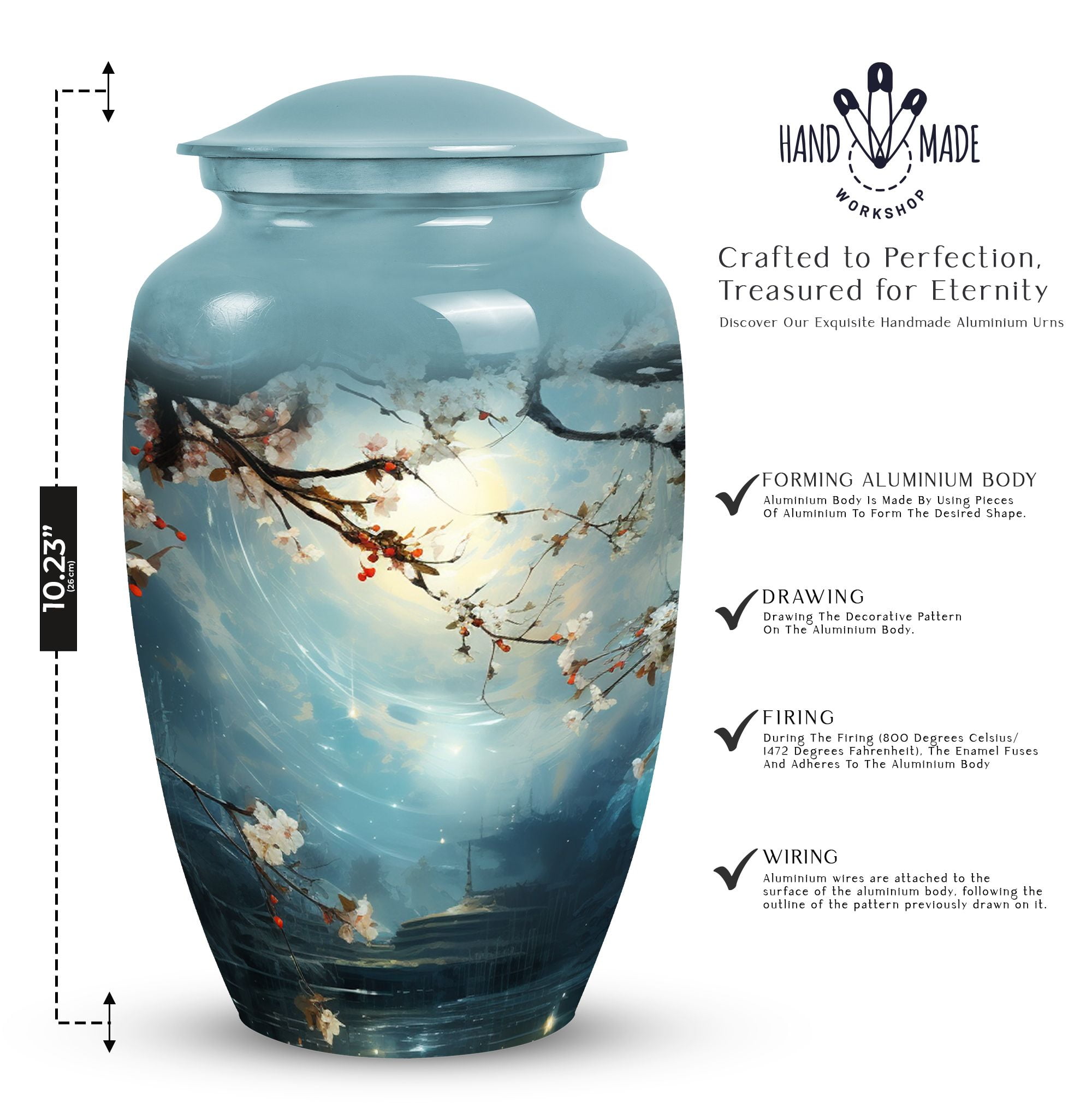 Elegant Cherry Blossoms Over Water Urn - Adult Cremation - 10-Inch ...