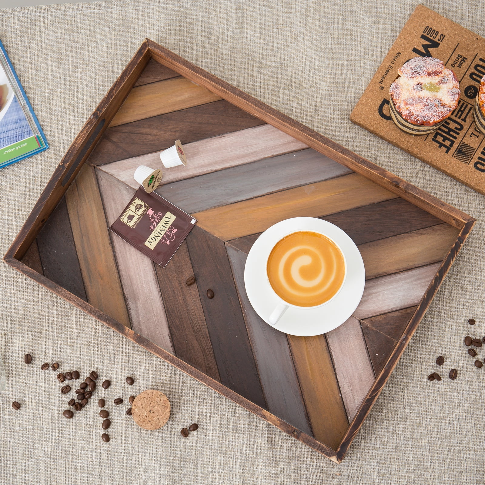 Elegant Chevron Rectangular Wood Serving Tray with Handy Cutout Handles ...