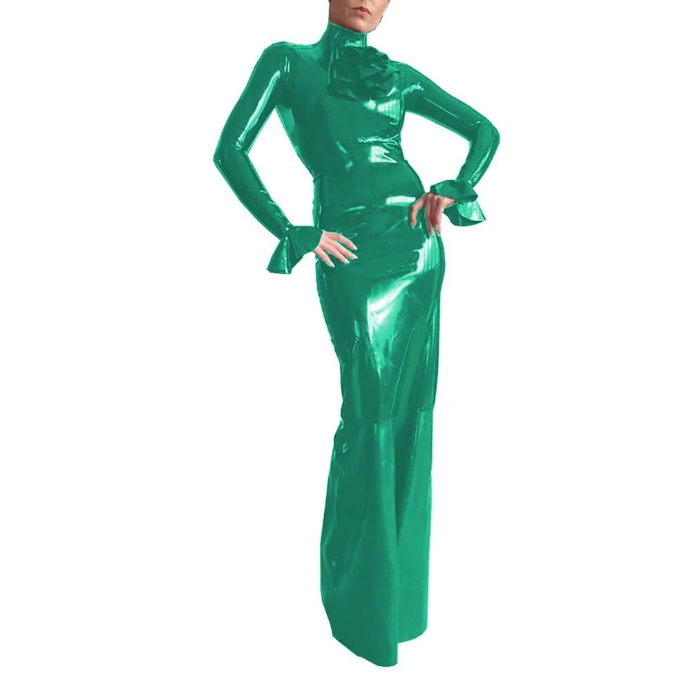 Elegant Chic Shiny PVC Leather Bodycon Trumpet Long Sleeves Dress ...