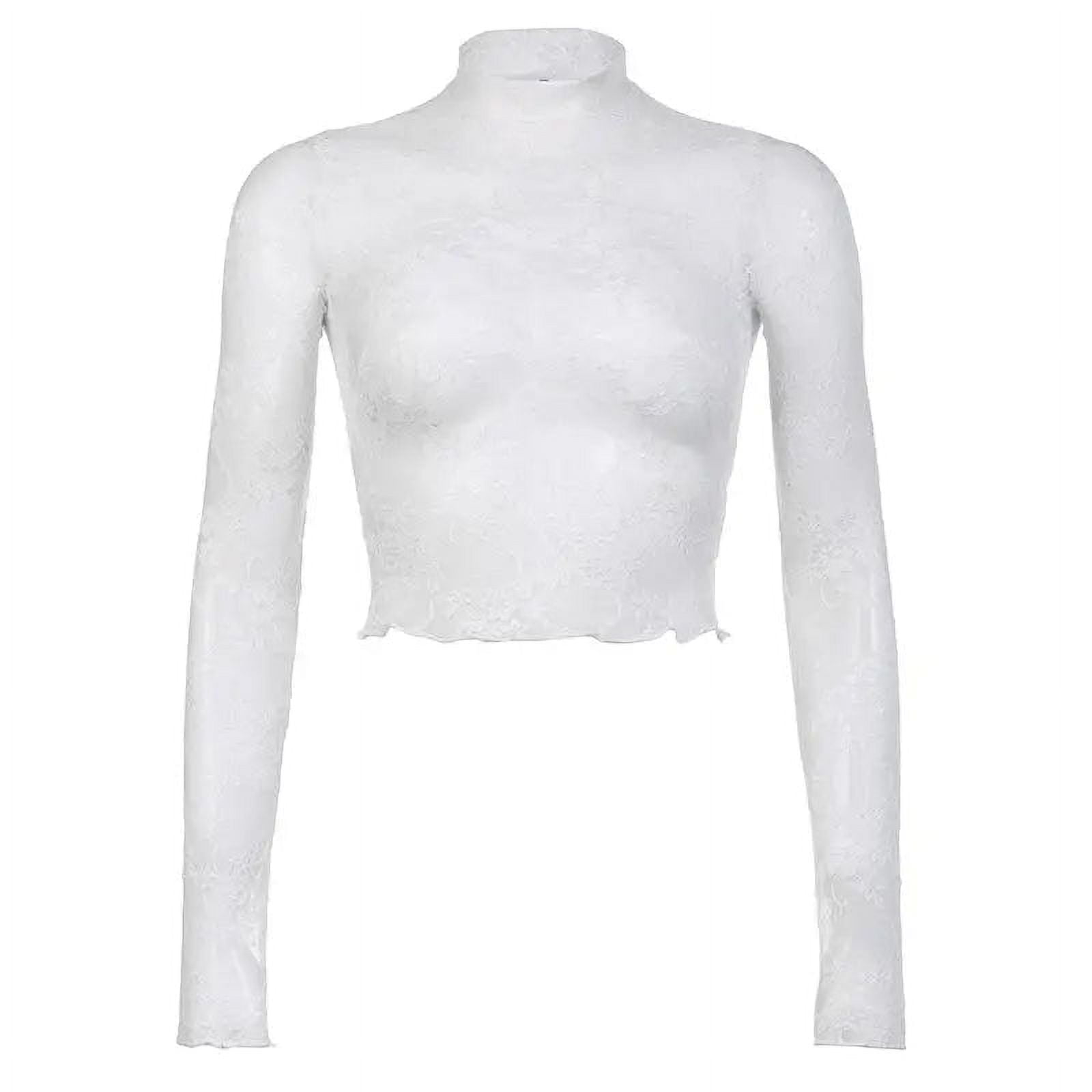Elegant Chic White Lace T-shirt Woman Vintage y2k Turtleneck Full ...