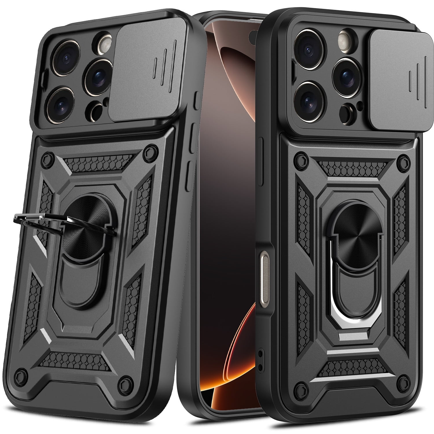 Elegant Choise Phone Case with Ring Stand and Slide Camera Lens for iPhone 16 Pro Max/16 Pro/16 ...