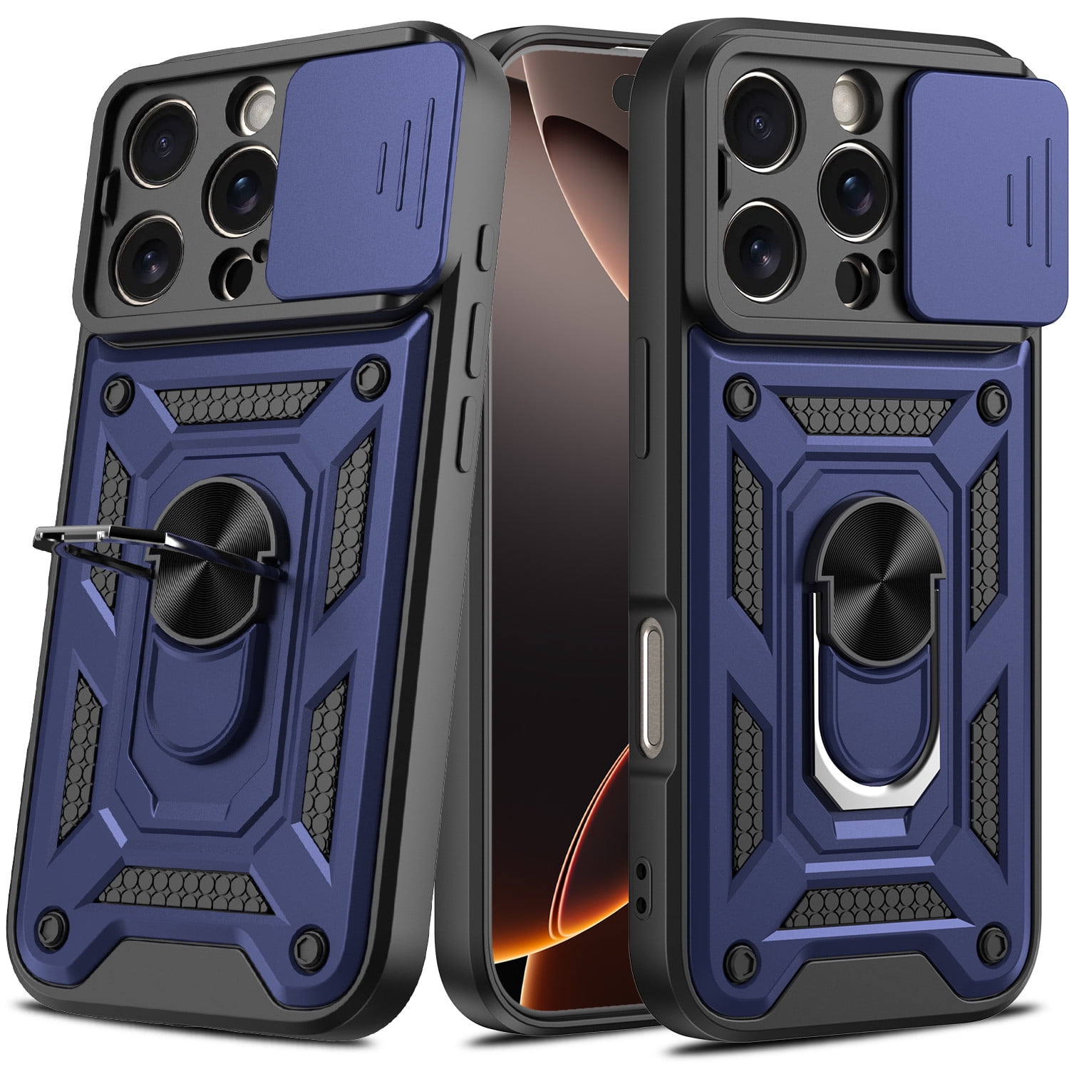 Elegant Choise Phone Case with Ring Stand and Slide Camera Lens for iPhone 16 Pro Max/16 Pro/16 ...