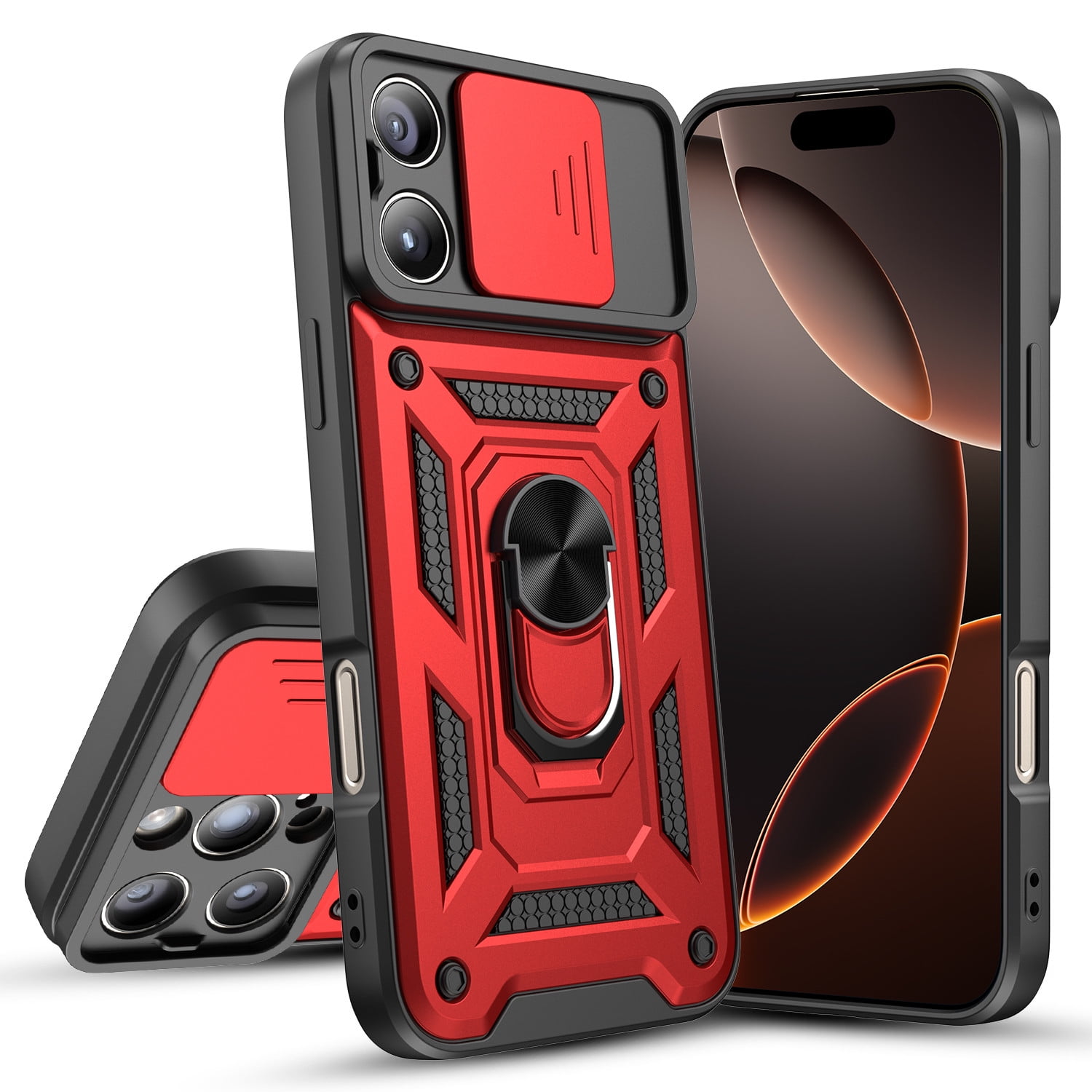 Elegant Choise Phone Case with Ring Stand and Slide Camera Lens for iPhone 16 Pro Max/16 Pro/16 ...