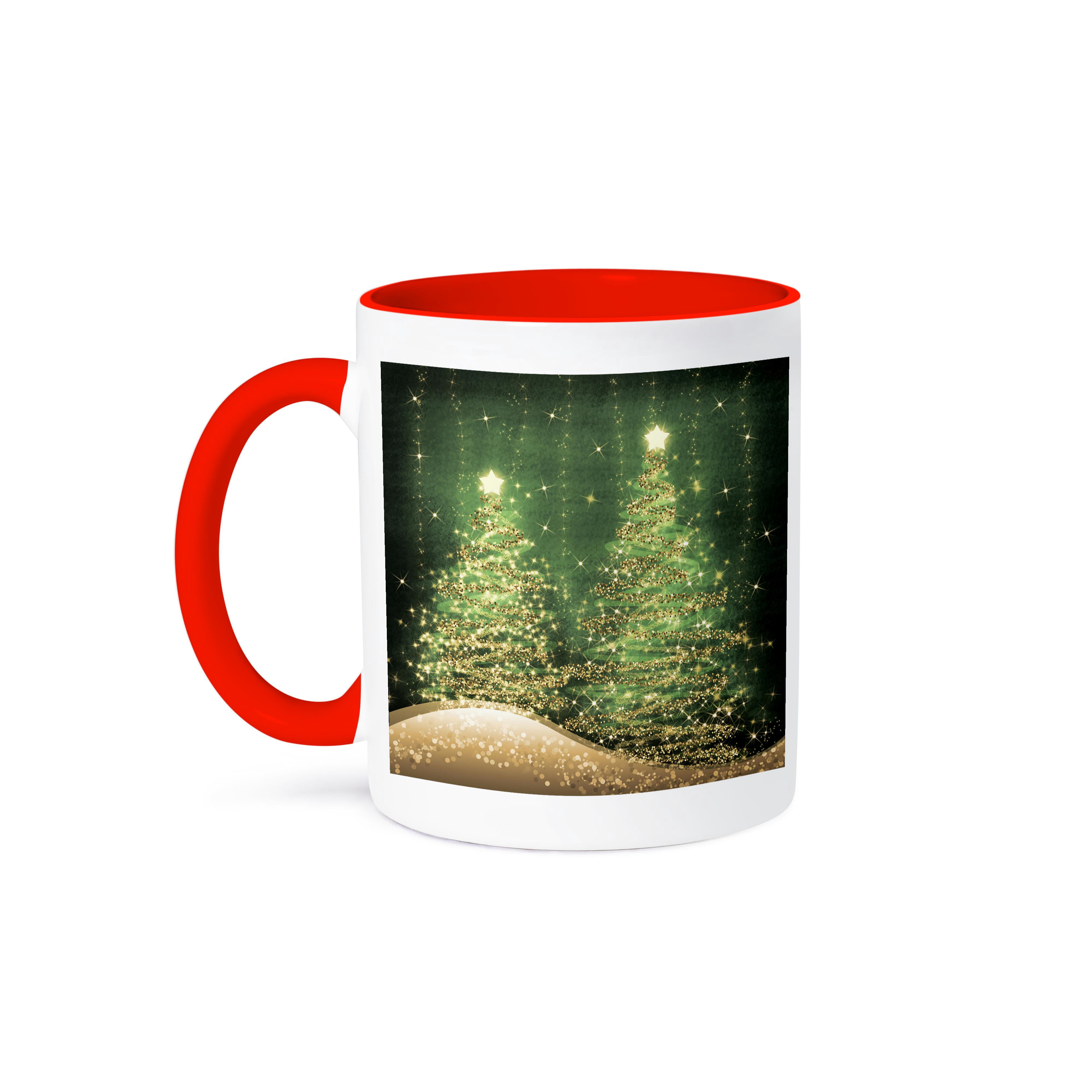 3dRose, Elegant Christmas Sparkling Trees Green, 15oz Two-Tone Red Mug ...