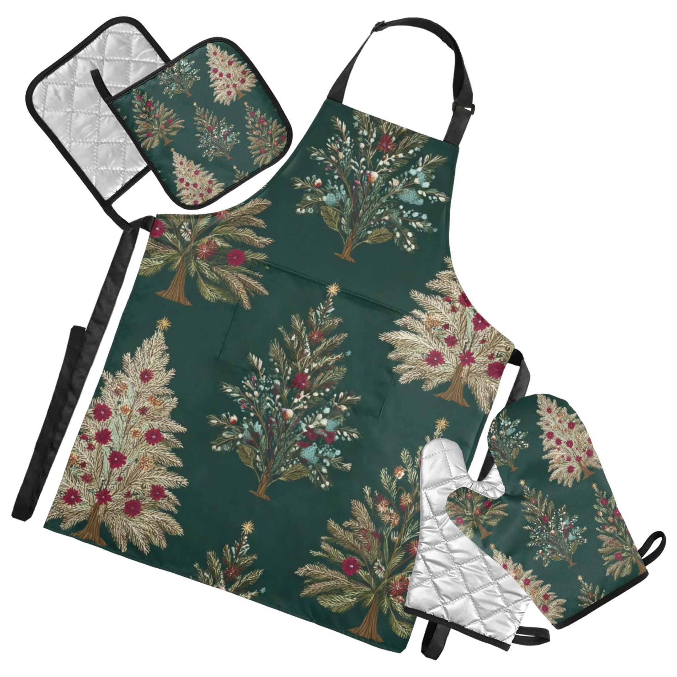 Elegant Christmas Trees Apron Set with Oven Mitts Pot Holders Set of 5 ...