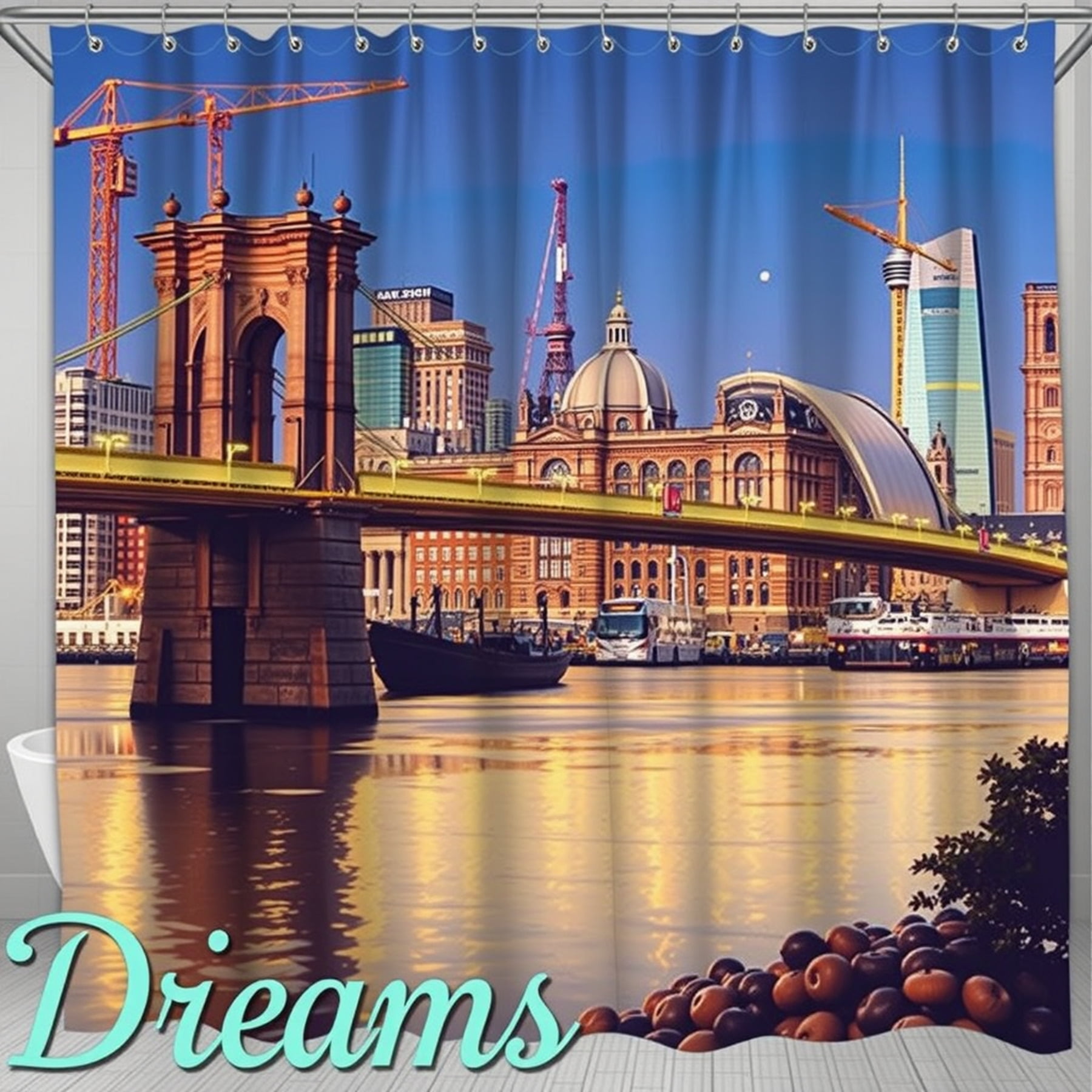 Elegant Cityscape Shower Curtain - Bridge & Skyscrapers Design for ...