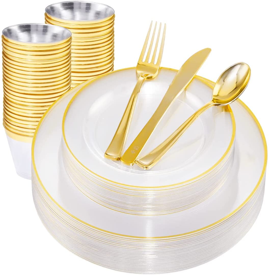 Elegant and Classy Gold Plastic Plates Set - 150 PCS Disposable ...