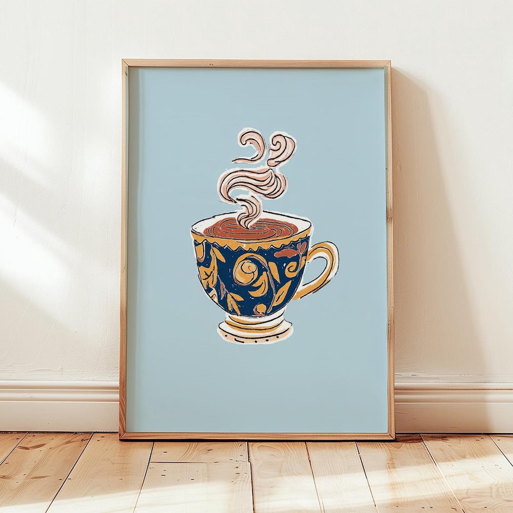 Elegant Coffee Cup Minimal Blue Steam Poster UNFRAMED PAPER POSTER ...
