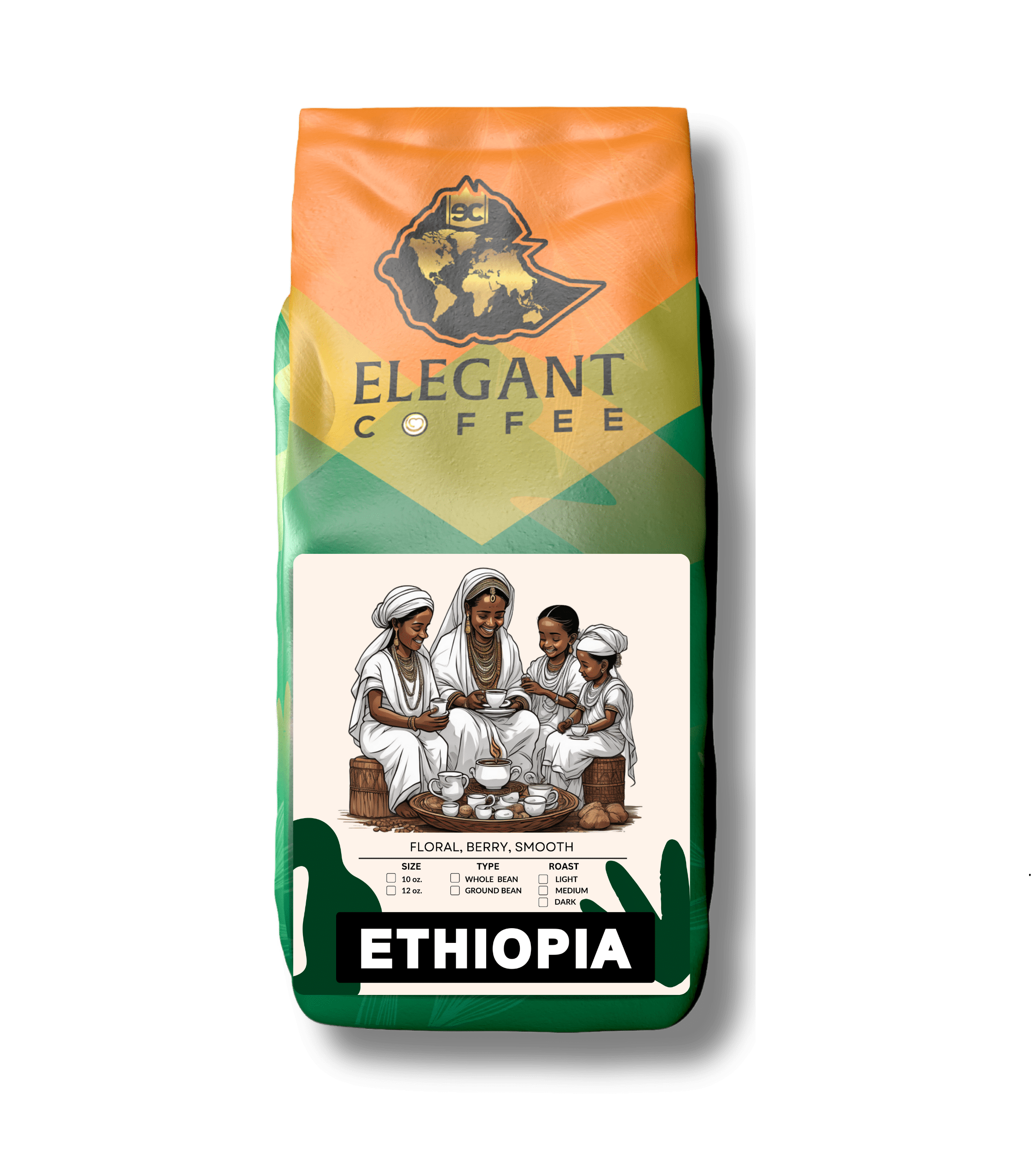 Elegant Coffee - Ethiopian Arabica Beans - Single Origin 100% - Medium Roast, 12oz - Ground Bean ...