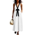 Elegant Color Block Linen Maxi Dress for Women Summer Bowtie Deep V ...