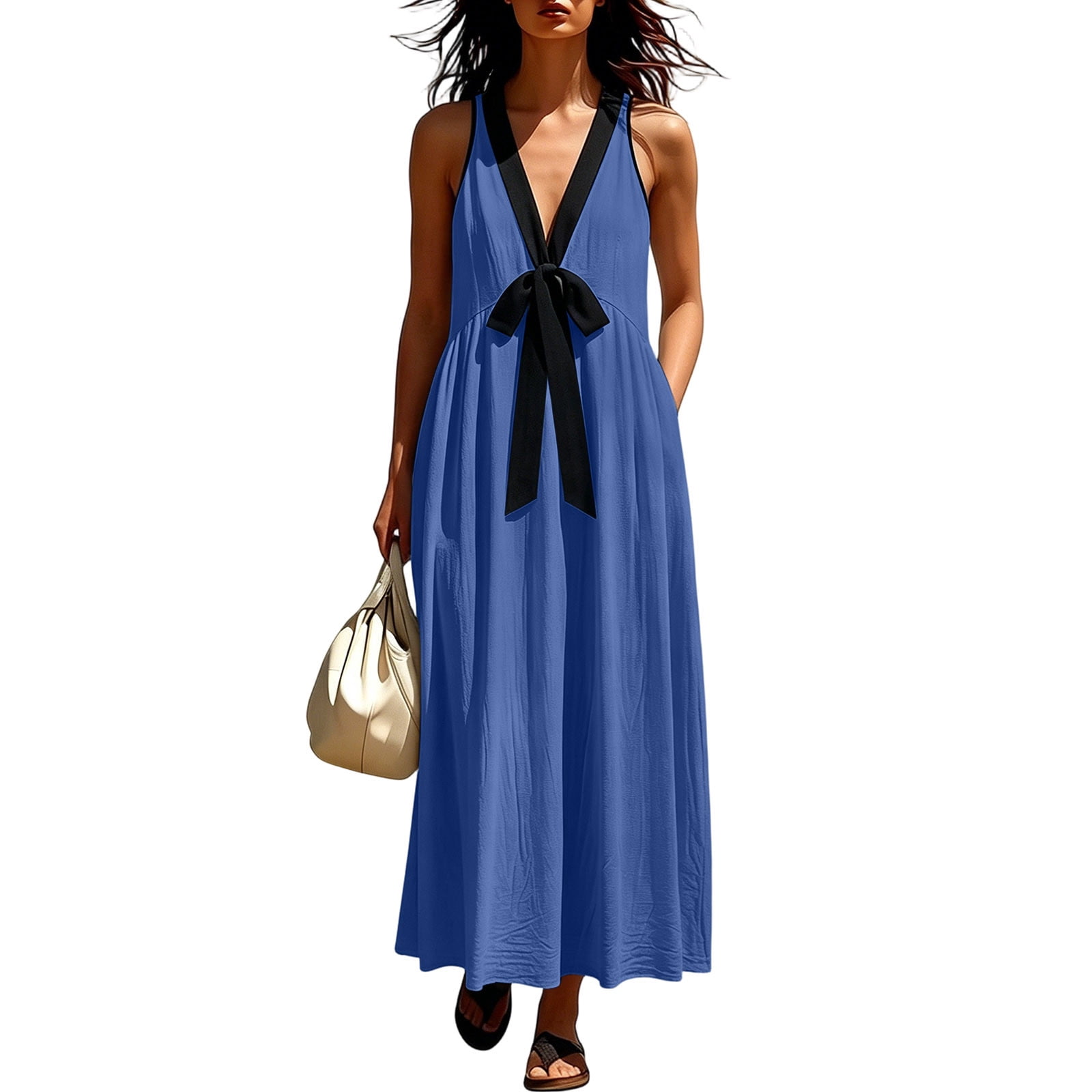 Elegant Color Block Linen Maxi Dress for Women Summer Bowtie Deep V ...