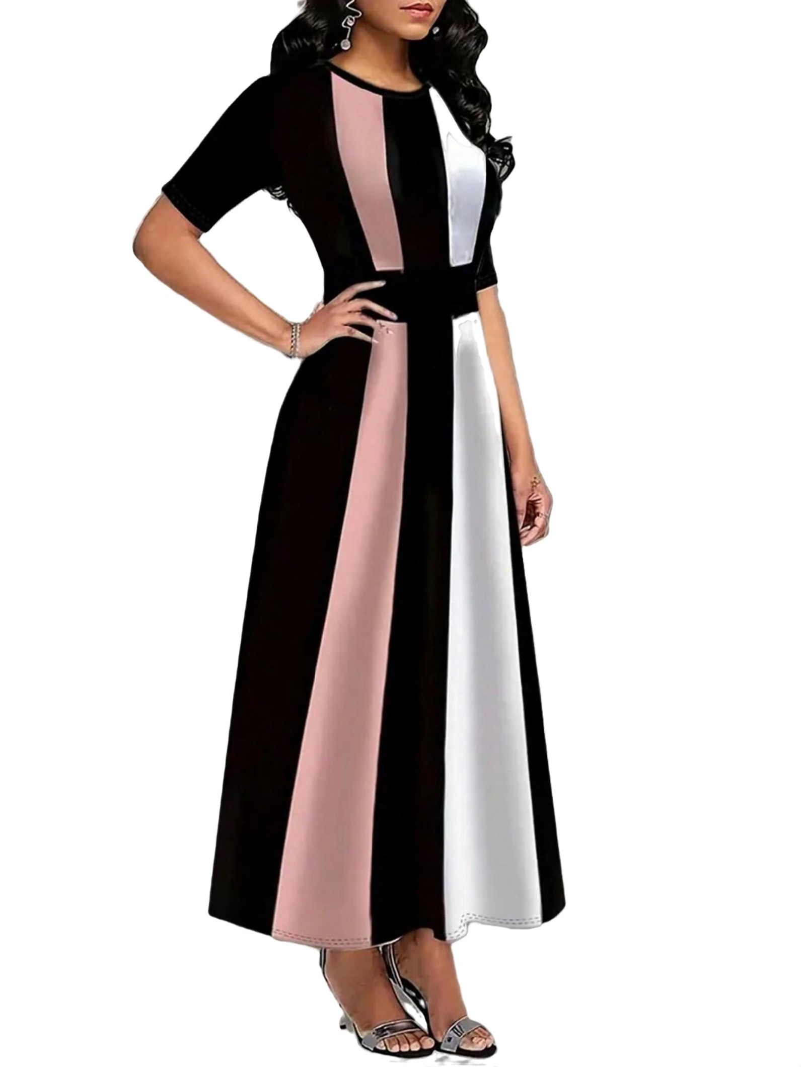 Elegant Colorblock A Line Dress Round Neck Black Women Dresses ...