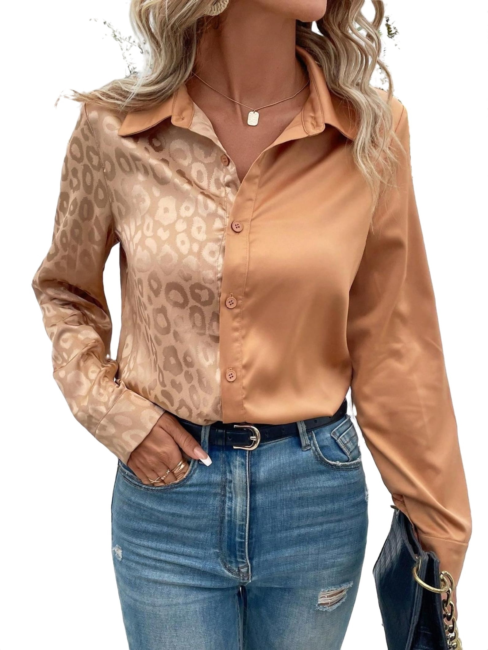 Elegant Colorblock Shirt Collar Shirt Long Sleeve Brown Women Blouses ...