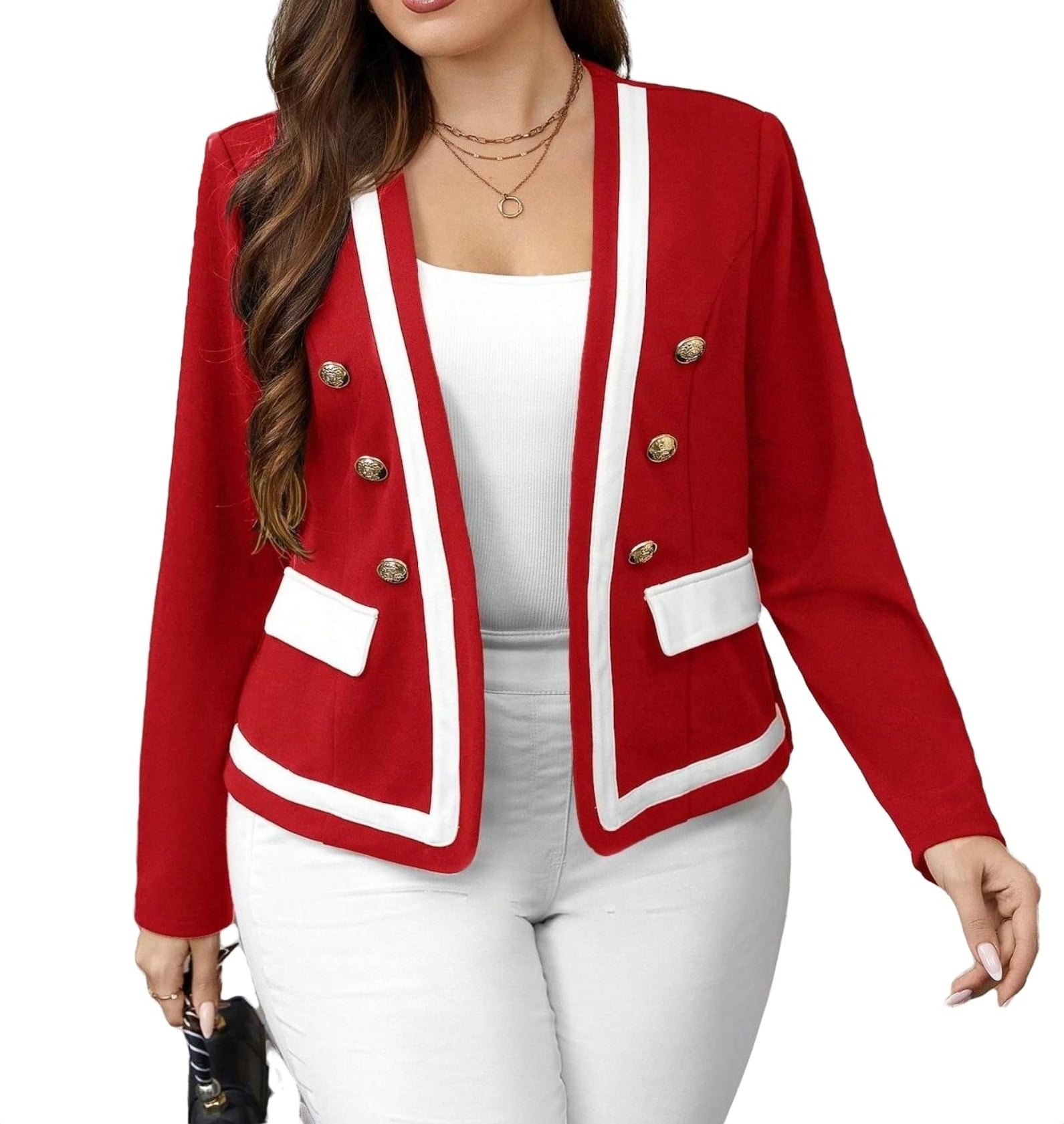 Elegant Colorblock V Neck Long Sleeve Red And White Plus Size Blazers Womens