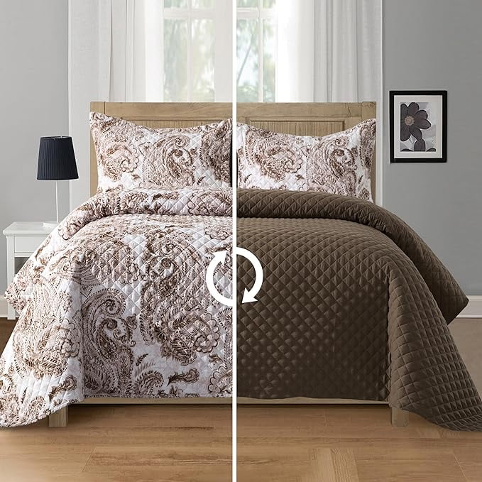Elegant Comfort 3-Piece Quilted Bedspread Set, Reversible Floral ...