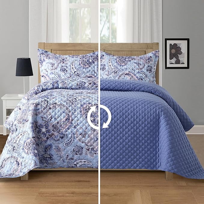 Elegant Comfort 3-Piece Quilted Bedspread Set, Reversible Floral ...