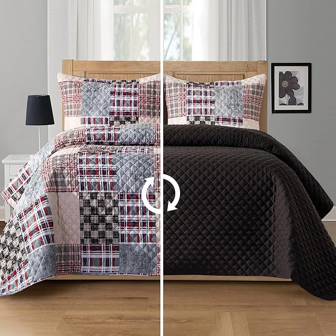 Elegant Comfort 3-Piece Quilted Bedspread Set, Reversible Plaid ...