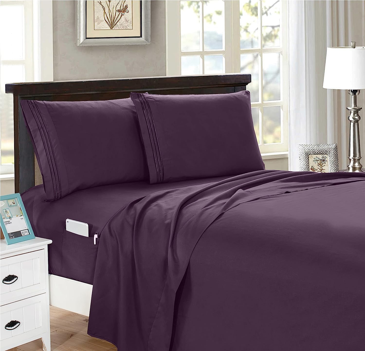 Elegant Comfort 1500 Series 4-Piece Smart Sheet Set with Side Storage ...
