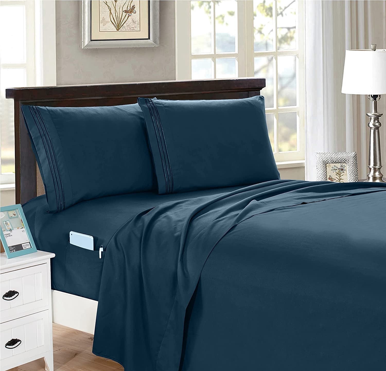 Elegant Comfort 4-Piece KING Smart Sheet Set, Navy Blue, Deep Pockets ...