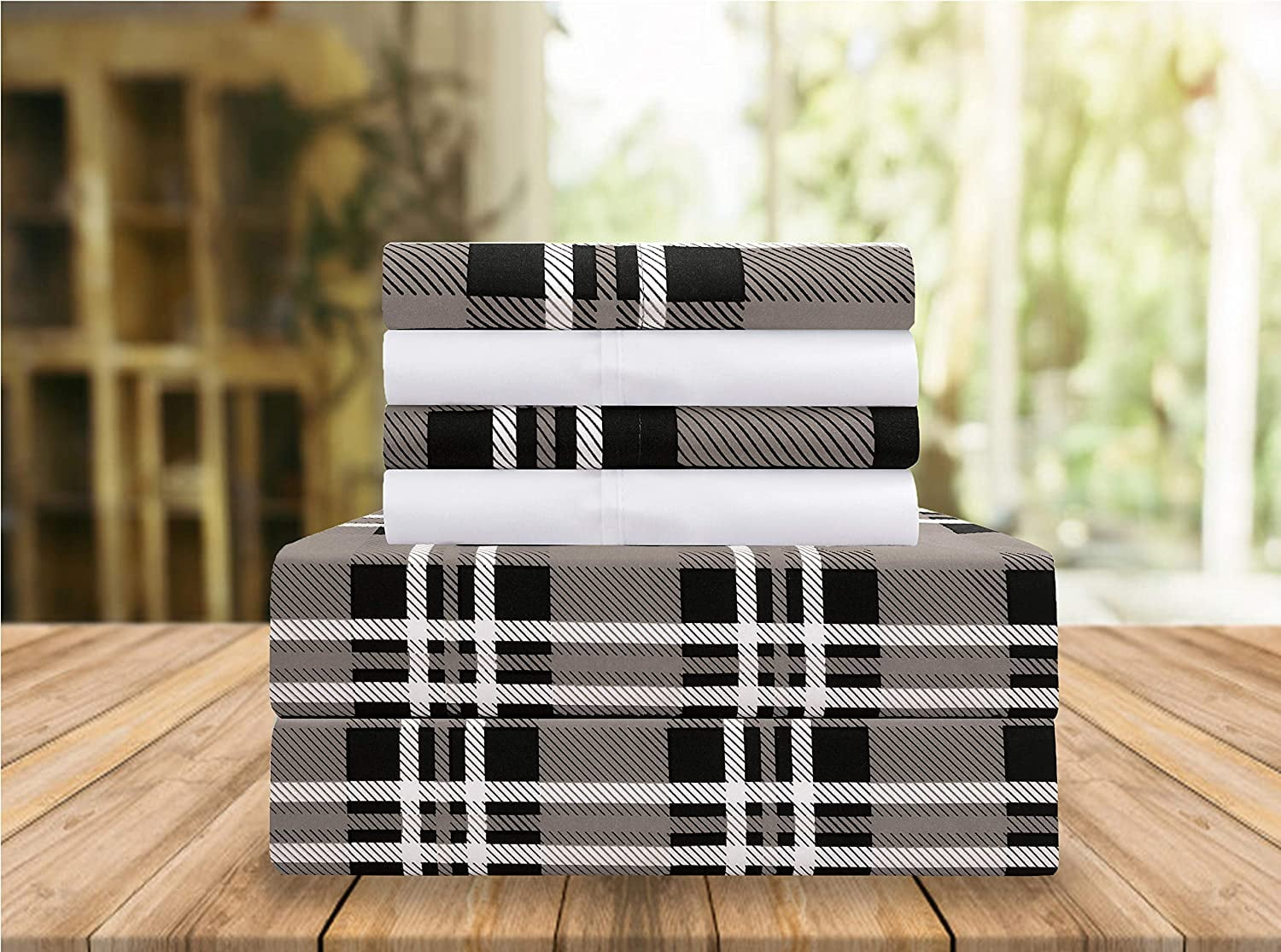 Elegant Comfort 6 Piece Bed Sheets Polyester Full Plaid Grey Plaid ...