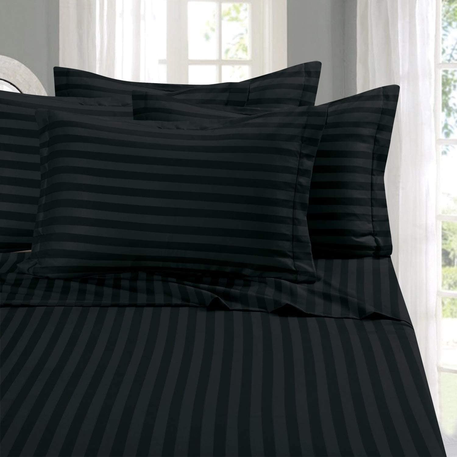 Elegant Comfort 6 Piece Bed Sheets Queen Black Stripes 1500 Series ...