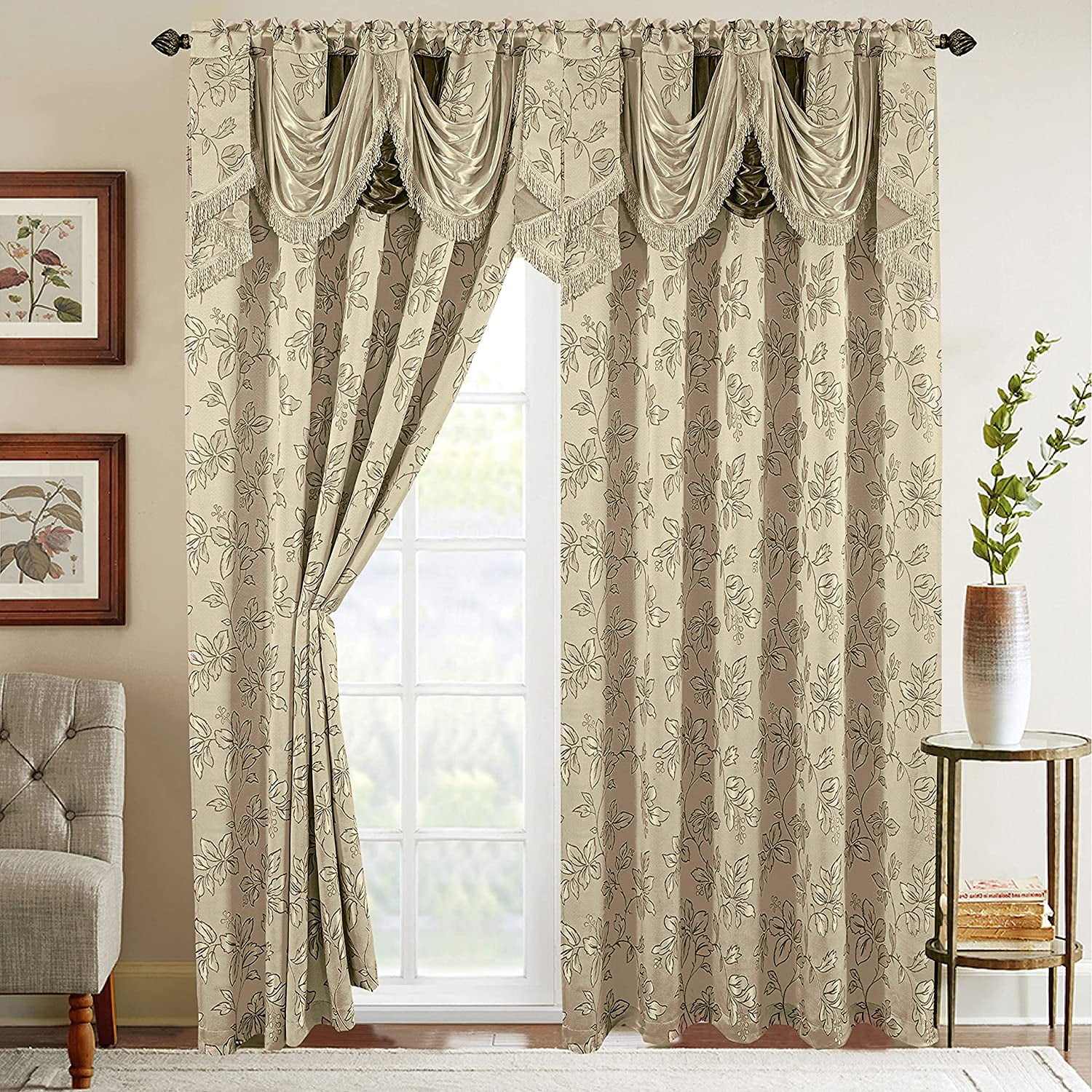 Elegant Comfort Jaquard Curtain Panels with Attached Pleated Valance, 2 ...