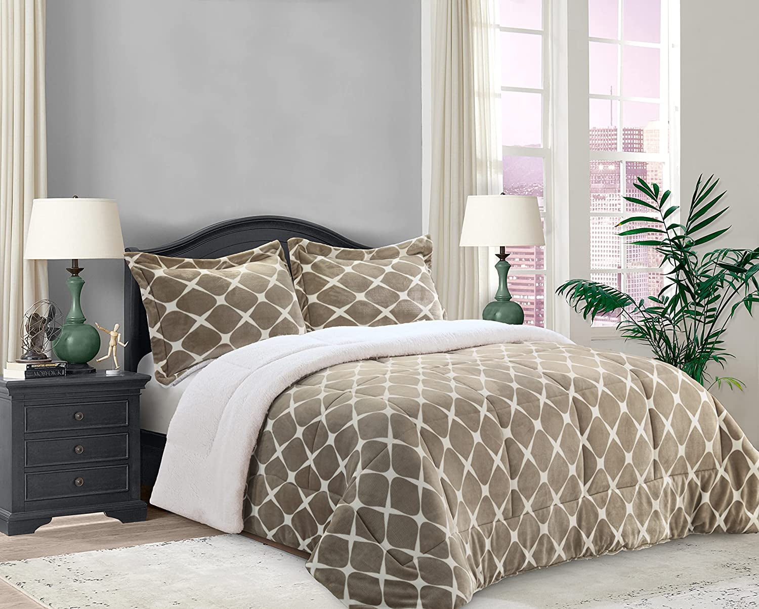 Elegant Comfort Luna Ogee 3-Piece Sherpa Comforter Set, Reversible ...