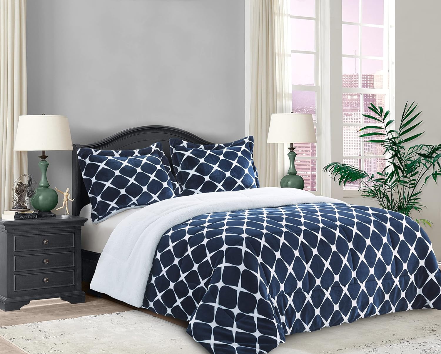 Elegant Comfort Luna Ogee 3-Piece Sherpa Comforter Set, Reversible ...