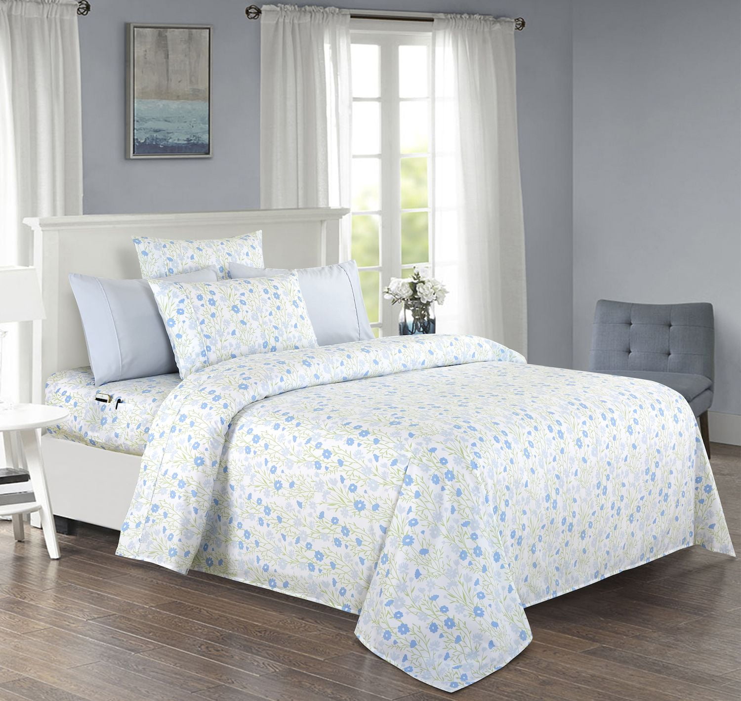 Elegant Comfort Luxury Soft Floral and Stripe Pattern Bed Sheet Set Color: Blue Size: TWIN ...