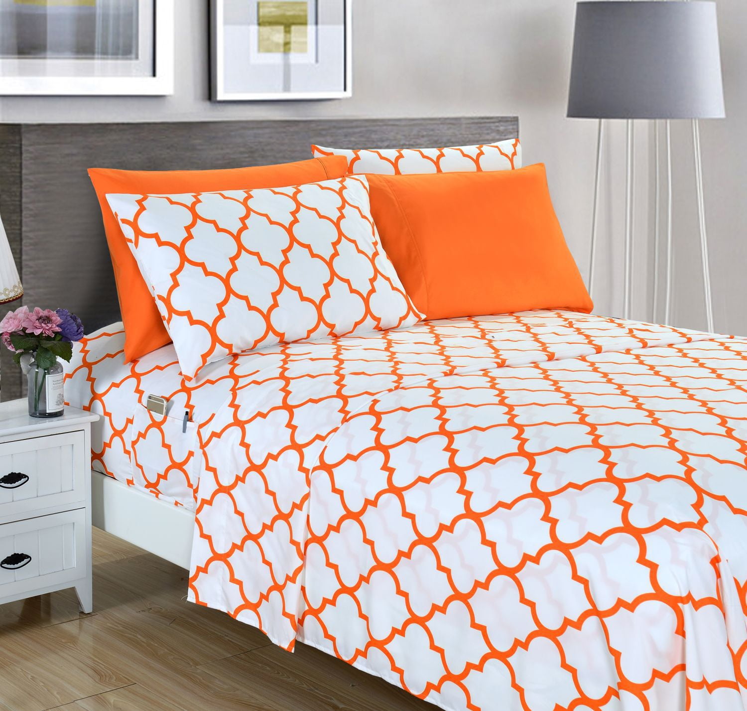 Elegant Comfort Moroccan Trellis Printed Pattern Bed Sheet Set Color: Orange Size: TWIN ...