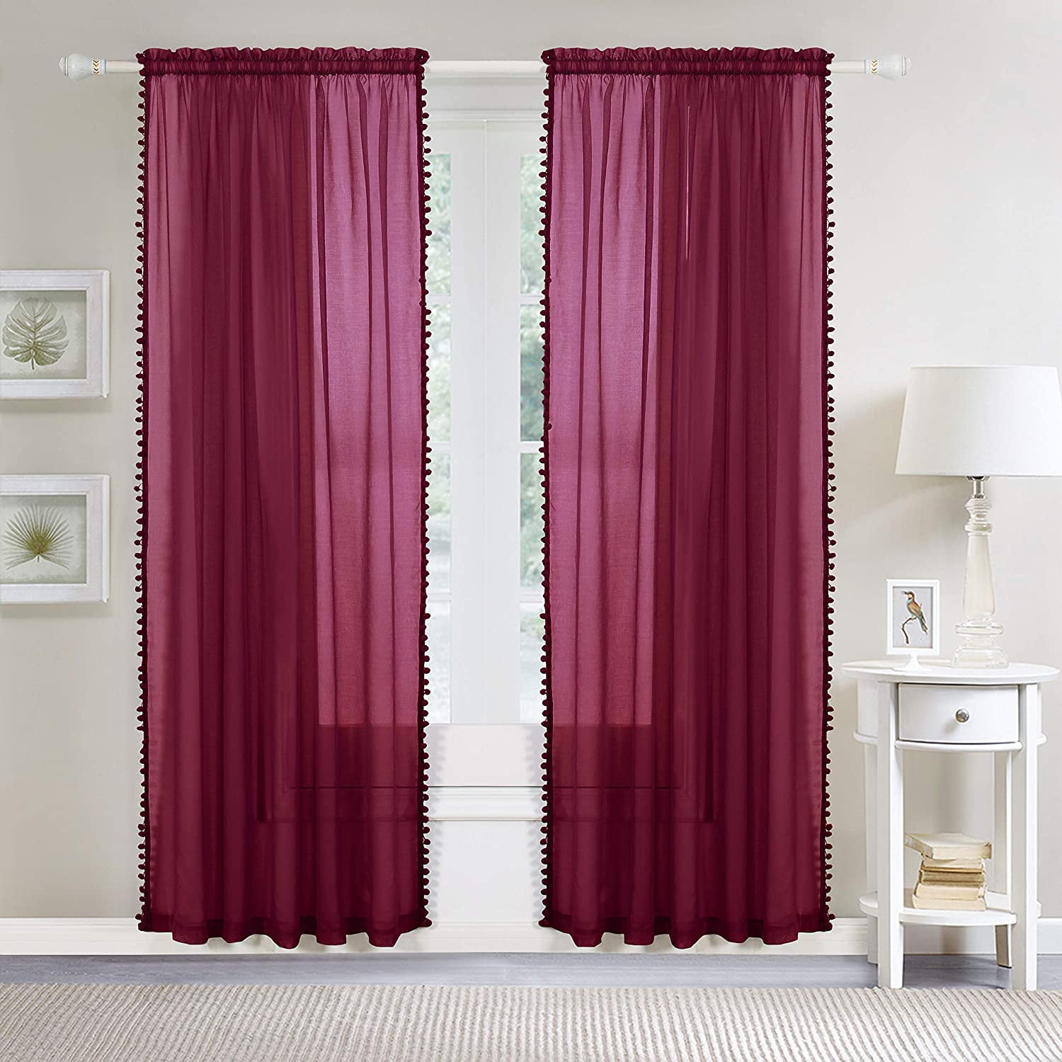 Elegant Comfort Semi-Sheer Curtains with Pom Pom Tassels - 2 Piece Set ...