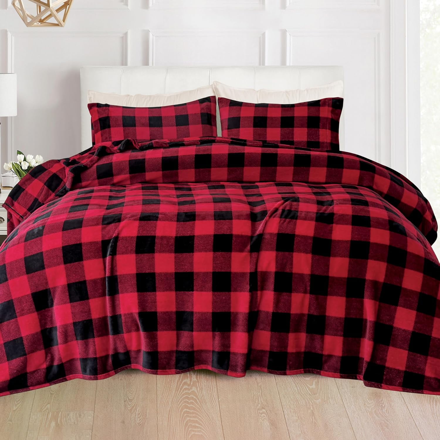Elegant Comfort Velvel Fleece 4 Pieces Sheet Set - Queen, Buffalo Red ...