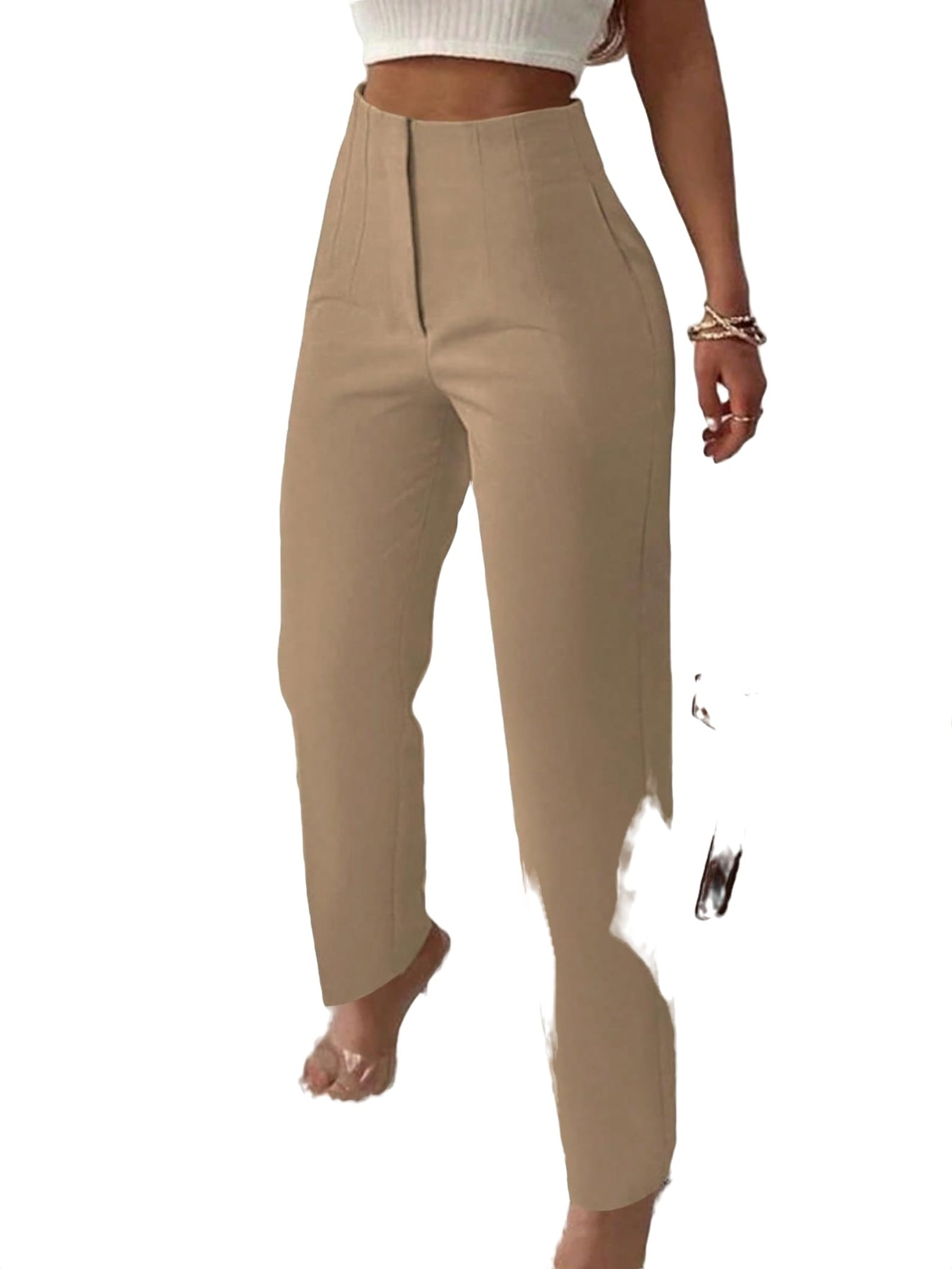 Elegant Commuter Cropped Slim Fit Pleated Side Pockets Non-Stretch ...