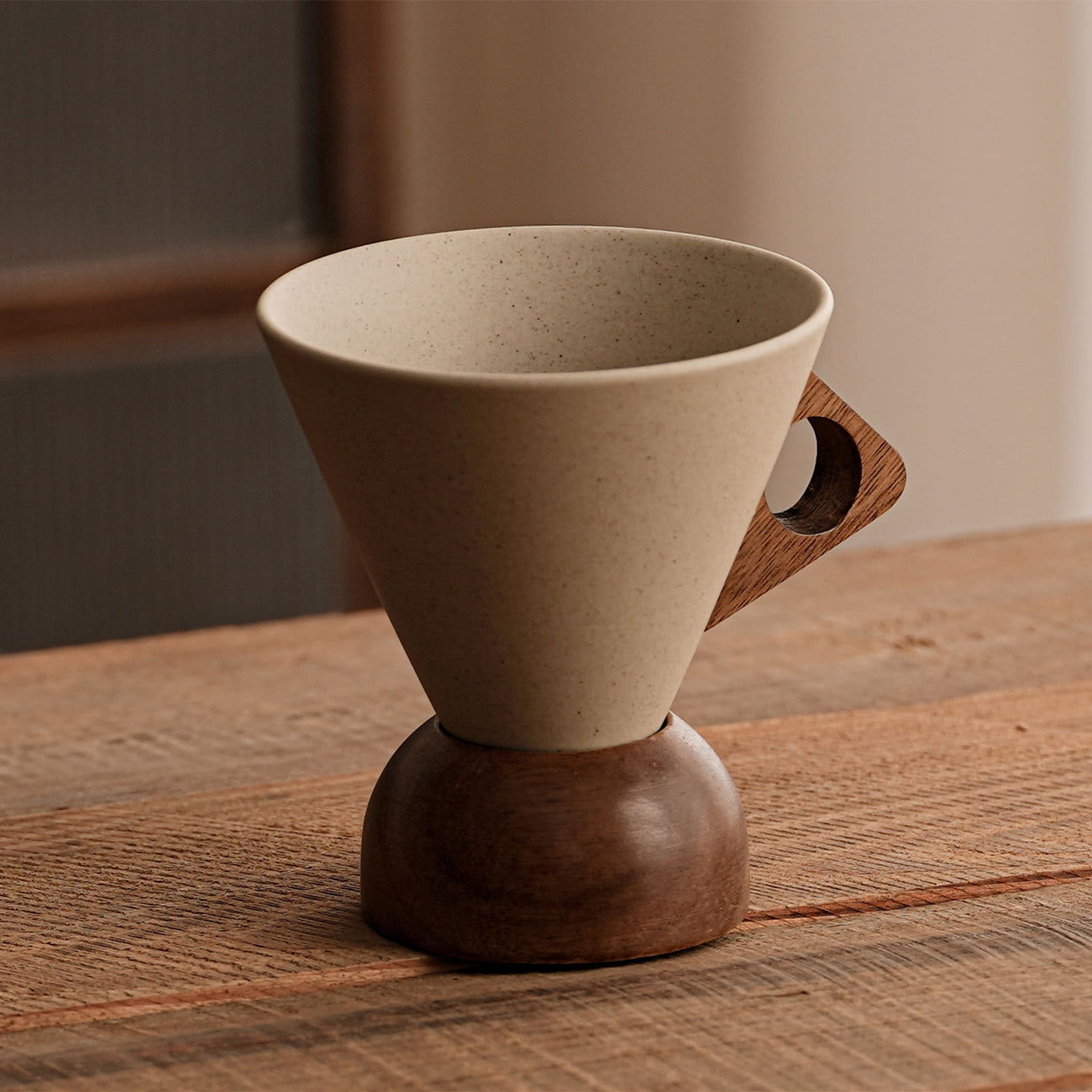 Elegant Conical Ceramic Coffee Cup with Inlaid Wooden Handle and Solid ...