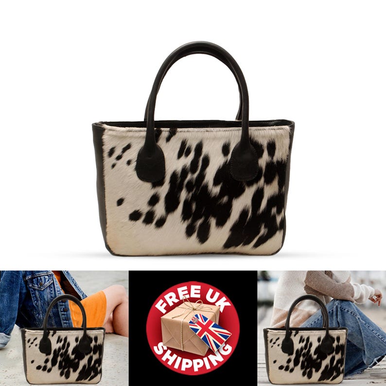 Elegant Cowhide Tote Bag – Featuring a Beautiful Dark Brown and White ...